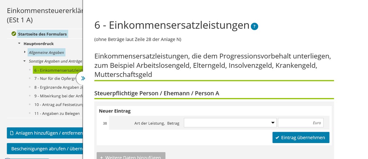 Tax return in Germany. Elster online. Mantelbogen, or Hauptvordruck